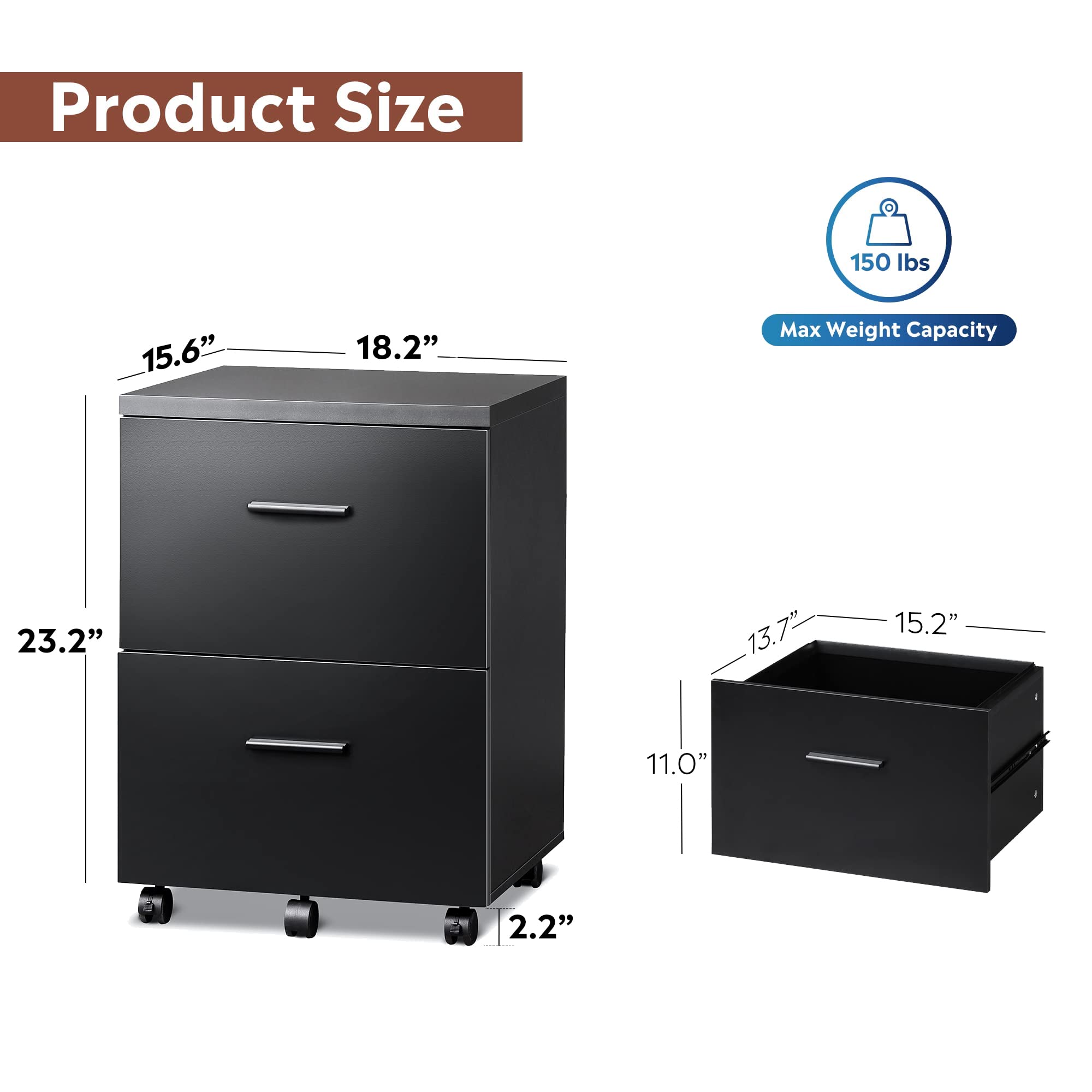 DEVAISE 2 Drawer Wood File Cabinet, Mobile Lateral Filing Cabinet with Storage, Letter Legal Size, Black