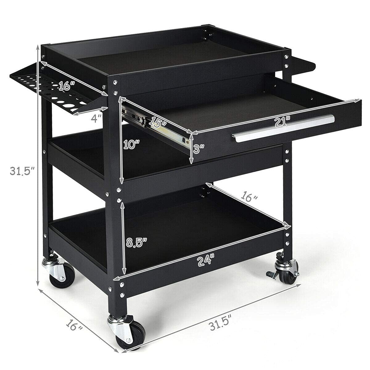 Happytools 3 Tier Tool Cart on Wheels, Heavy Duty Industrial Utility Service Cart with Drawer, Rolling Mechanic Tool Box Organizer for Garage Warehouse Workshop Repair Shop, 330 LBS Capacity (Black)