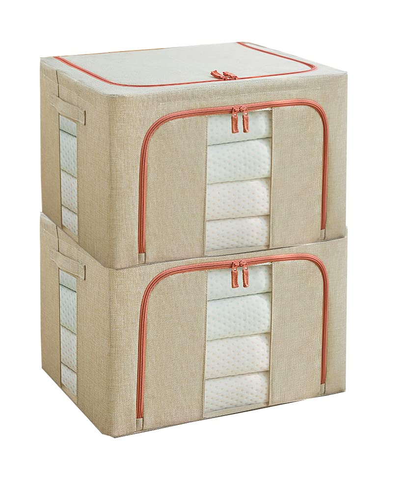 2 pack 66L foldable stackable storage box, steel frame clothes bag, bedroom container with 2 clear windows, 3 steel frames, 2 zippers, 2 reinforced handles ,thick linen fabric, waterproof,(2X66L, beige) for closet, comforters, blankets, bedding, quilt.