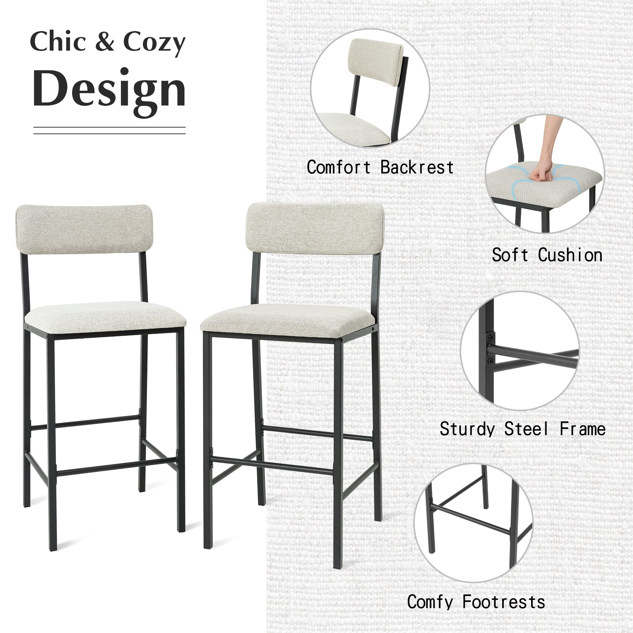 LAVIEVERT Bar Stools, Set of 2 Bar Chairs, Kitchen Island Chairs Counter Height Barstools with Soft Cushion & Backrest and Metal Footrests - Grey