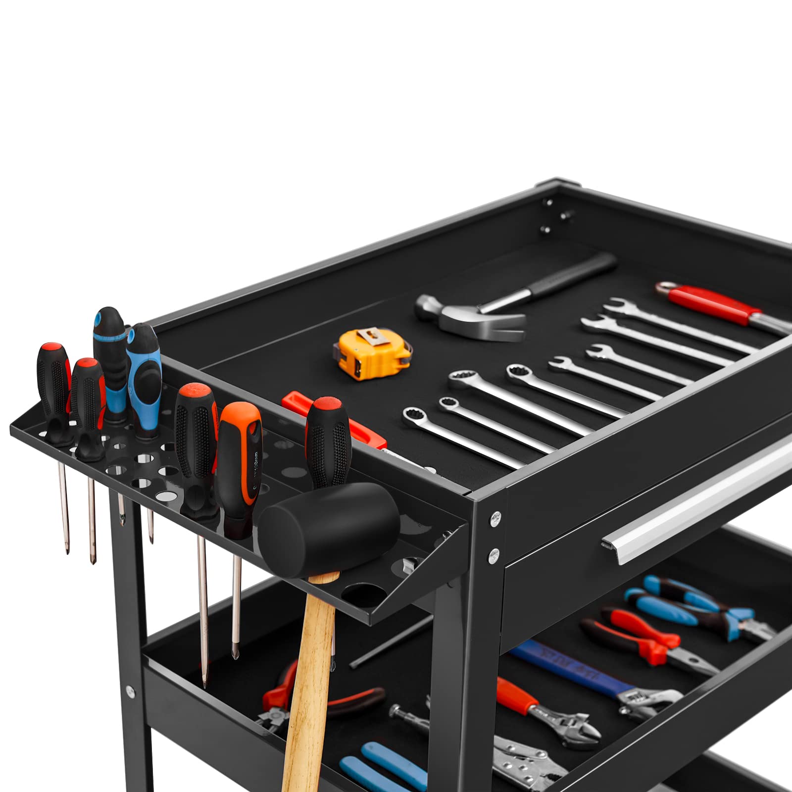 Happytools 3 Tier Tool Cart on Wheels, Heavy Duty Industrial Utility Service Cart with Drawer, Rolling Mechanic Tool Box Organizer for Garage Warehouse Workshop Repair Shop, 330 LBS Capacity (Black)