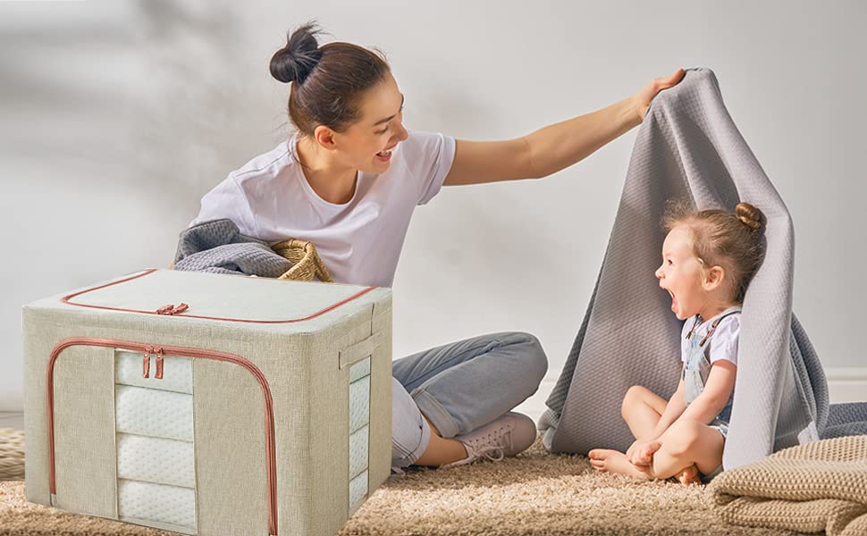 2 pack 66L foldable stackable storage box, steel frame clothes bag, bedroom container with 2 clear windows, 3 steel frames, 2 zippers, 2 reinforced handles ,thick linen fabric, waterproof,(2X66L, beige) for closet, comforters, blankets, bedding, quilt.