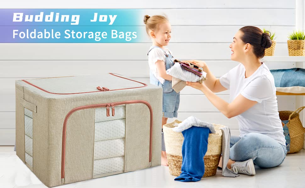 2 pack 66L foldable stackable storage box, steel frame clothes bag, bedroom container with 2 clear windows, 3 steel frames, 2 zippers, 2 reinforced handles ,thick linen fabric, waterproof,(2X66L, beige) for closet, comforters, blankets, bedding, quilt.
