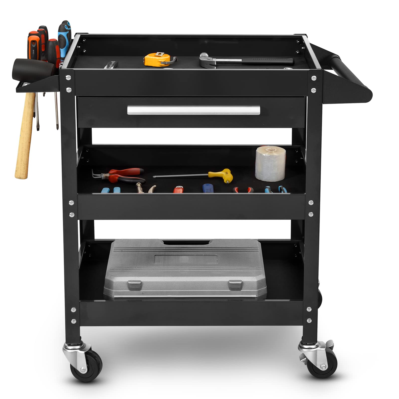 Happytools 3 Tier Tool Cart on Wheels, Heavy Duty Industrial Utility Service Cart with Drawer, Rolling Mechanic Tool Box Organizer for Garage Warehouse Workshop Repair Shop, 330 LBS Capacity (Black)