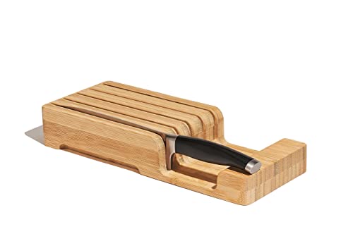Bamboo Knife Block and In-Drawer Storage, Display Stand and Organizer, Holds to Five 8 Inch Knives, Hand Finished Sustainable Bamboo - 13.78 L x 5.4 W x 2.1 H Inches, Knives Not Included Gen 2