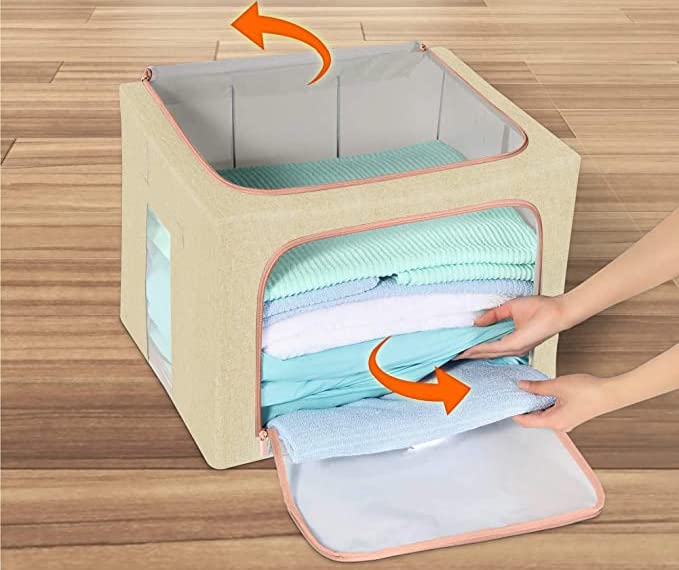 2 pack 66L foldable stackable storage box, steel frame clothes bag, bedroom container with 2 clear windows, 3 steel frames, 2 zippers, 2 reinforced handles ,thick linen fabric, waterproof,(2X66L, beige) for closet, comforters, blankets, bedding, quilt.