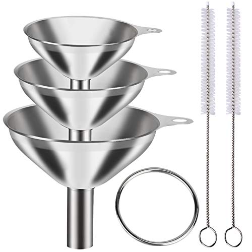 YLYL 6Pcs Metal Stainless Steel Funnel, Large Small Funnel Set of 3, Food Grade Mini Funnels for Kitchen Use Filling Bottles Flask Cooking, 2 Brushes