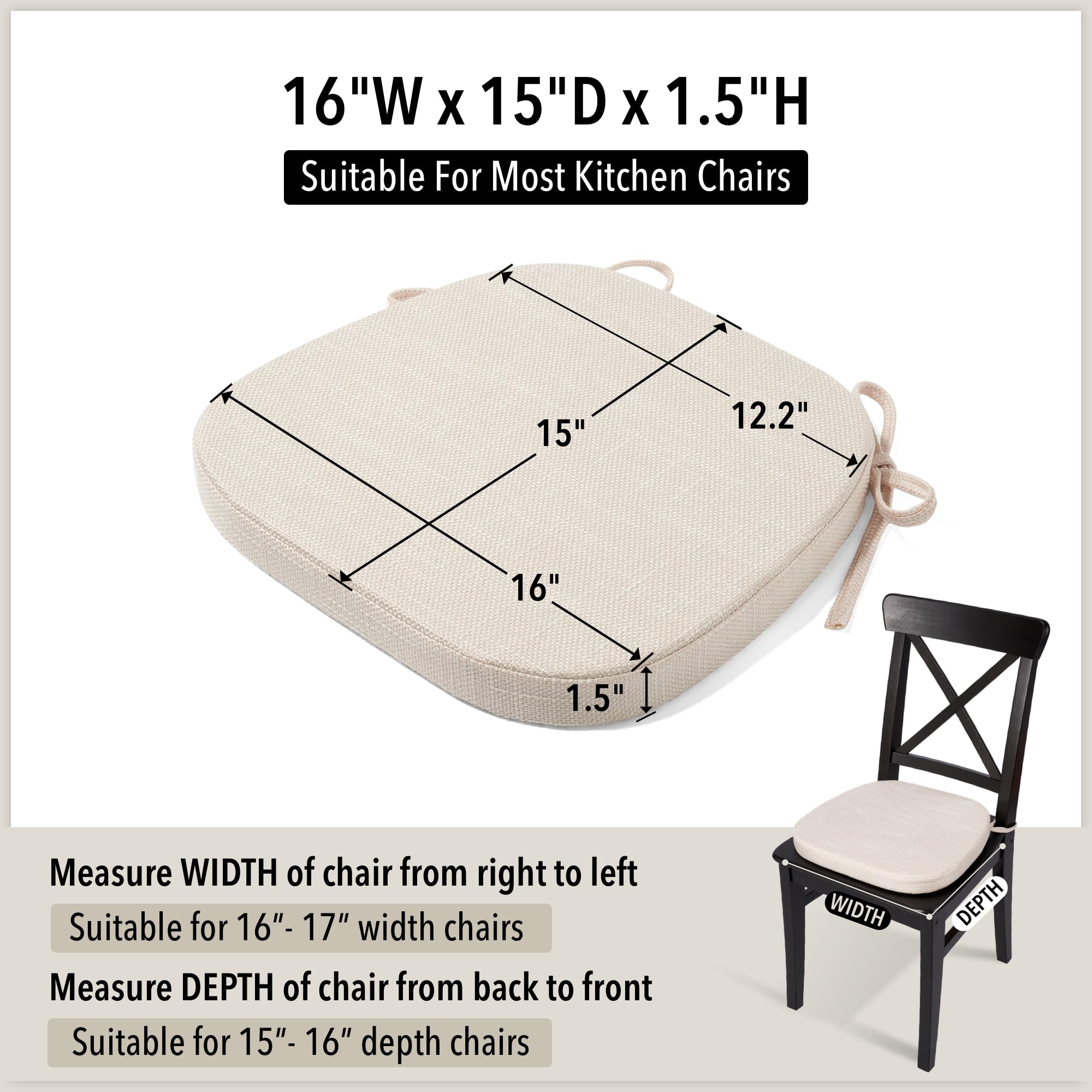 Tromlycs U Shaped Kitchen Chair Seat Cushion Pad for Dining Room Chairs with Ties 15x16 inches White Beige