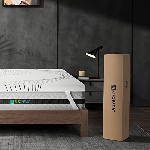 FLEXPEDIC Flippable 3 Inch Queen Size Mattress Topper, Coconut Shell Carbon Memory Foam and Bamboo Charcoal High Density Firm Foam with Removable Soft Fabric Cover, CertiPUR-US Certified