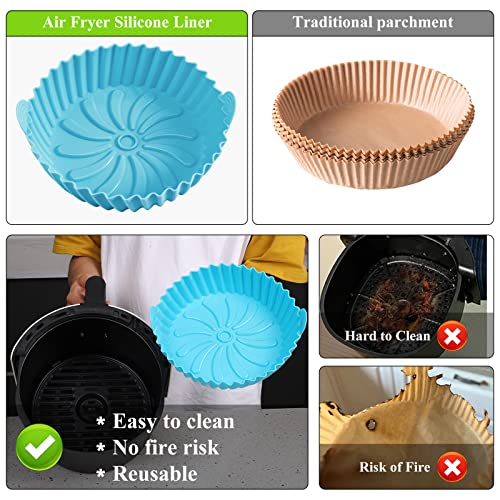 Stron-Dura 2 Pack Air Fryer Liners for 3 to 5 QT, Air Fryer Silicone Liners ,Easy clean Reusable Silicone Air Fryer Liners, Blue + Red, (Top 8in, Bottom 6.75 In)