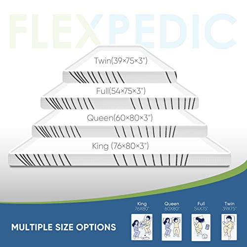 FLEXPEDIC Flippable 3 Inch Queen Size Mattress Topper, Coconut Shell Carbon Memory Foam and Bamboo Charcoal High Density Firm Foam with Removable Soft Fabric Cover, CertiPUR-US Certified