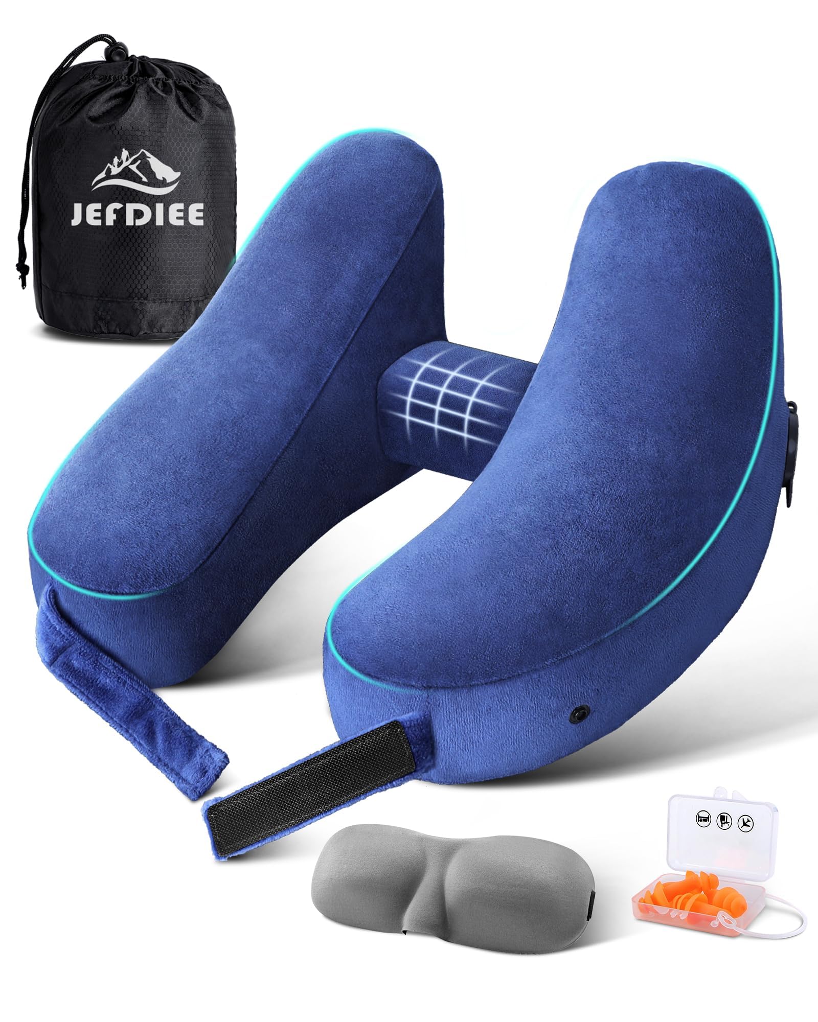 JefDiee Neck Pillows for Travel, Travel Pillow for Neck, Chin, Head Support, Airplane Pillow with Soft Washable Velour Cover, Hat, Portable Luxury Bag, 3D Sleep Mask and Earplugs (Blue)