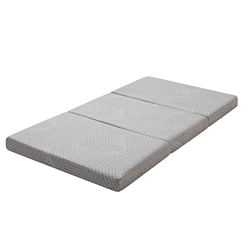 Vyfipt Tri Folding Mattress Twin Size,4 Inch Foldable Memory Foam Mattress Topper, Portable Bed,Guest Bed, Camping Bed,Travel Mat for Adults & Kids, Fold Up Pad 75"×39"×4", Grey (Twin)