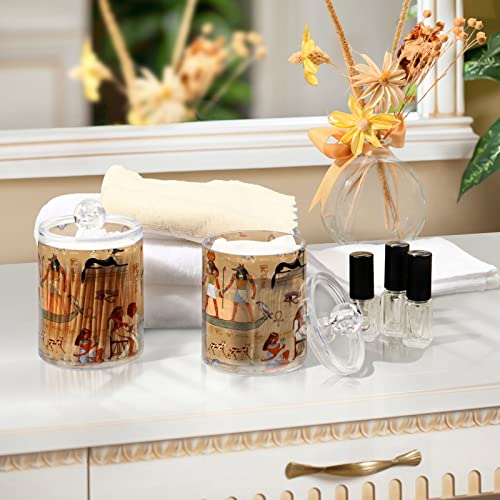 KEEPREAL Funny Egyptian Mural Qtip Holder Dispenser with Lids, 2PCS Plastic Food Storage Canisters, Apothecary Jar Containers for Vanity Organizer Storage