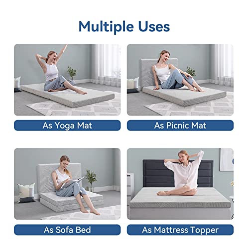 Vyfipt Tri Folding Mattress Twin Size,4 Inch Foldable Memory Foam Mattress Topper, Portable Bed,Guest Bed, Camping Bed,Travel Mat for Adults & Kids, Fold Up Pad 75"×39"×4", Grey (Twin)