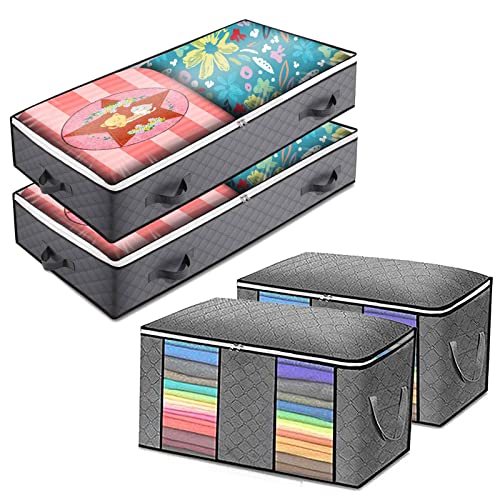 DRAMLOR Under Bed Storage Bags, 4 Pack Large Capacity Underbed Storage Containers with Reinforced Handles, Clothes Storage Bins Foldable Closet Organizers for Blanket, Pillows, Comforters and Quilts
