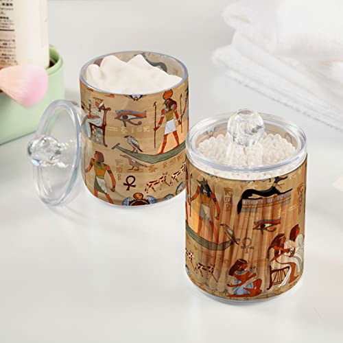KEEPREAL Funny Egyptian Mural Qtip Holder Dispenser with Lids, 2PCS Plastic Food Storage Canisters, Apothecary Jar Containers for Vanity Organizer Storage