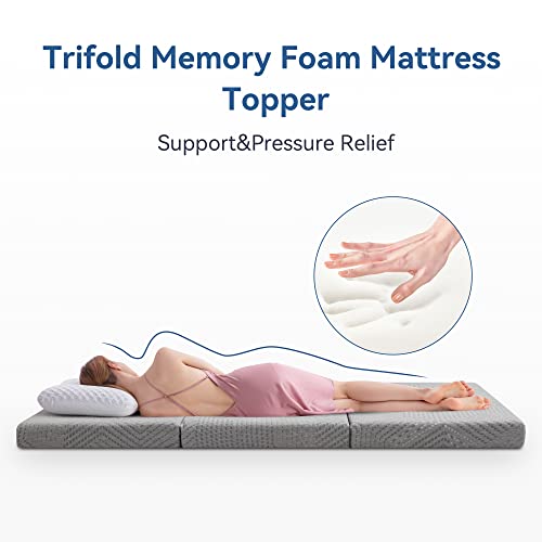 Vyfipt Tri Folding Mattress Twin Size,4 Inch Foldable Memory Foam Mattress Topper, Portable Bed,Guest Bed, Camping Bed,Travel Mat for Adults & Kids, Fold Up Pad 75"×39"×4", Grey (Twin)