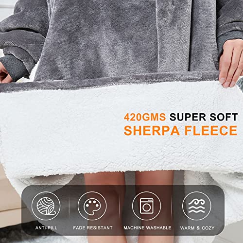Cozystar Wearable Blanket Hoodie with Giant Pocket (Pet Won't Leave) Extra Soft Sherpa Fleece Thick Warm & Cozy Oversized Sweatshirt Blanket Jacket with Sleeves Gifts for Adult Men Women - Grey