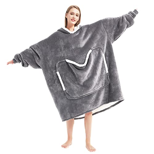 Cozystar Wearable Blanket Hoodie with Giant Pocket (Pet Won't Leave) Extra Soft Sherpa Fleece Thick Warm & Cozy Oversized Sweatshirt Blanket Jacket with Sleeves Gifts for Adult Men Women - Grey