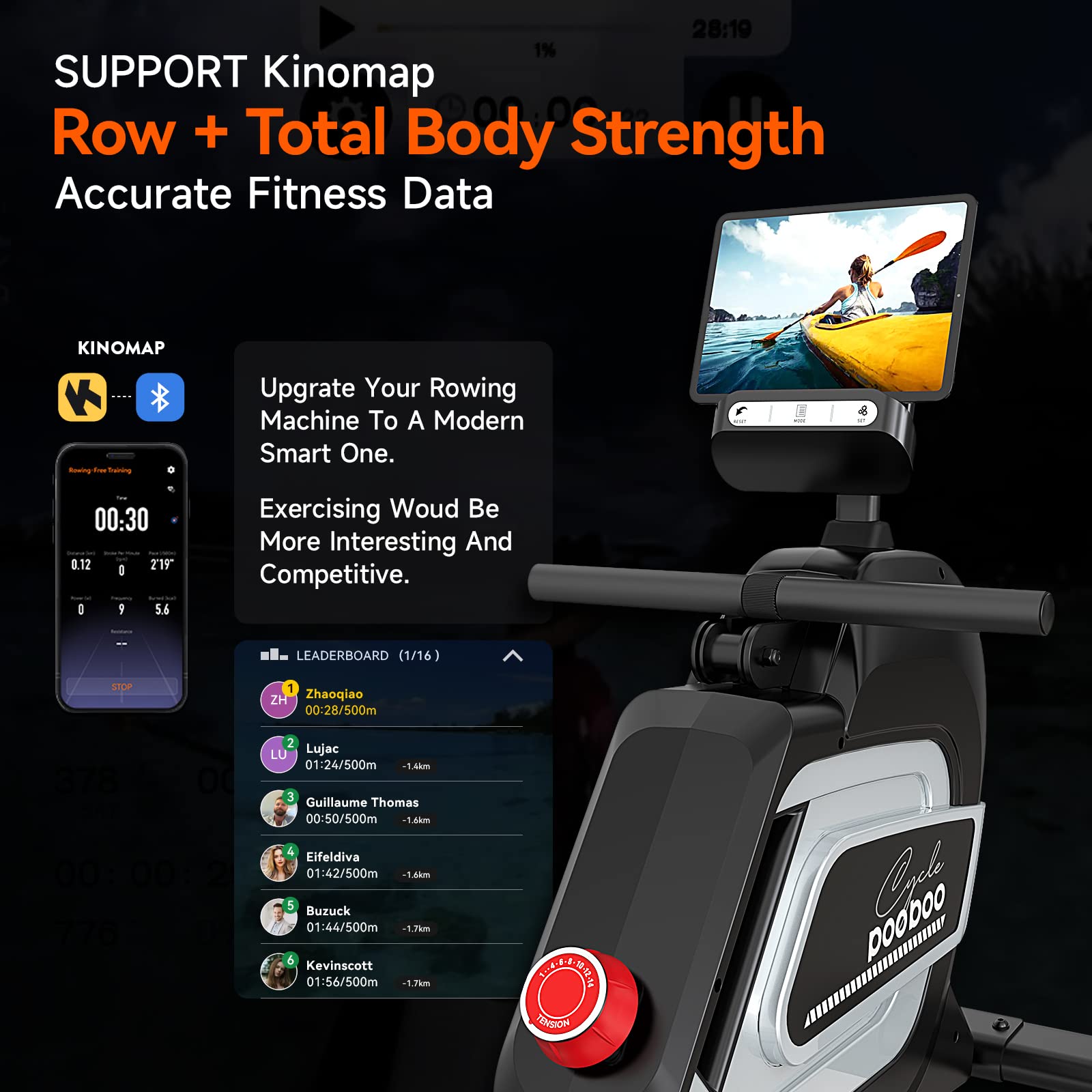 Pooboo Magnetic Rowing Machine 360 LB Weight Capacity, Folding Rower with Combination Strength Exercise, Tablet Holder and Comfortable Seat Cushion, Rower for Home Use