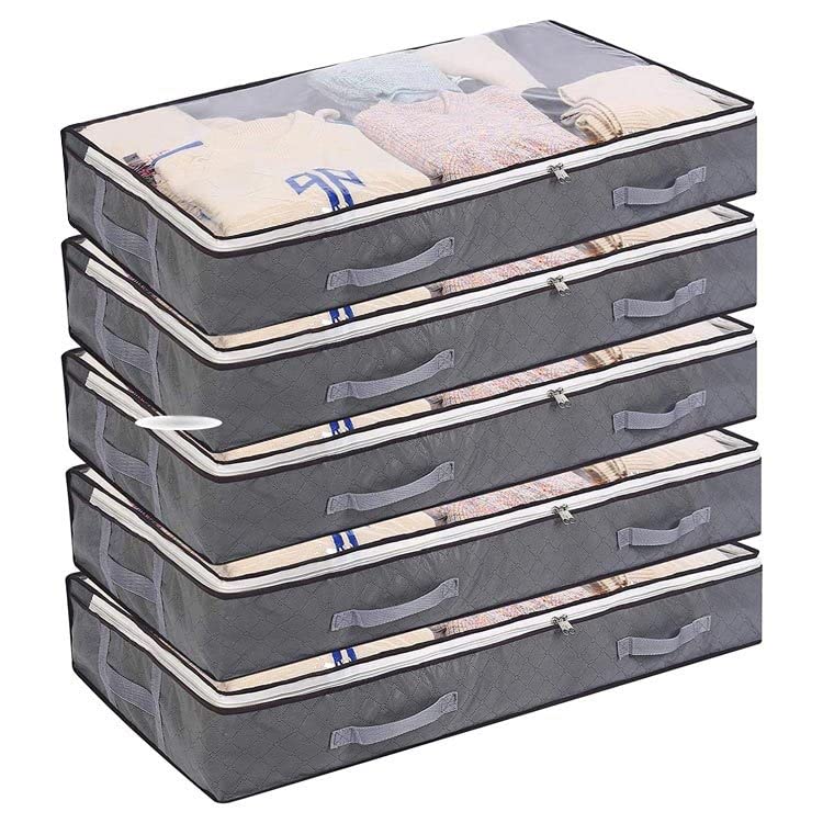 ROVOZAR Underbed Storage Bags Organizer Container (4 Pack) Under Bed Storage Containers for Organizing, Clothing, Bedroom, Comforter, Closet, Dorm, Quilts, gray, 39.37*19.68*5.9 inch