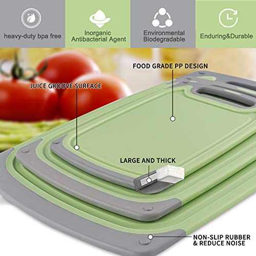 Cutting Boards for Kitchen, Plastic Chopping Board Set of 4 with Non-Slip Feet and Deep Drip Juice Groove, Easy Grip Handle, Dishwasher Safe, BPA Free, Non-porous(Green/Gray)