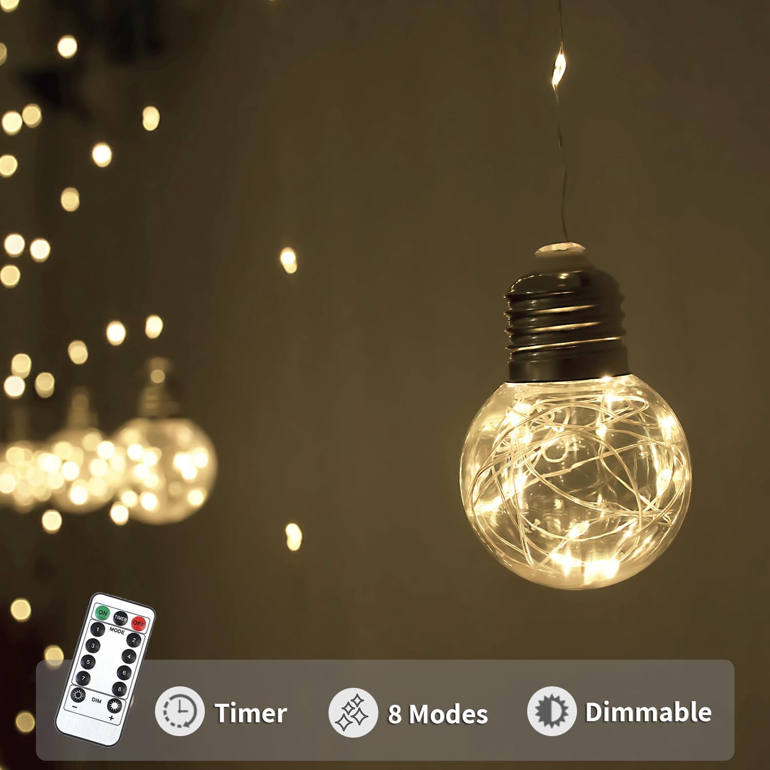 YOLIGHT Wishing Ball Curtain Lights 200 LED Window Curtain String Lights with Remote, USB Battery Powered Twinkle Globe Fairy Lights for Wedding Party Bedroom Christmas Decoration (Warm White)