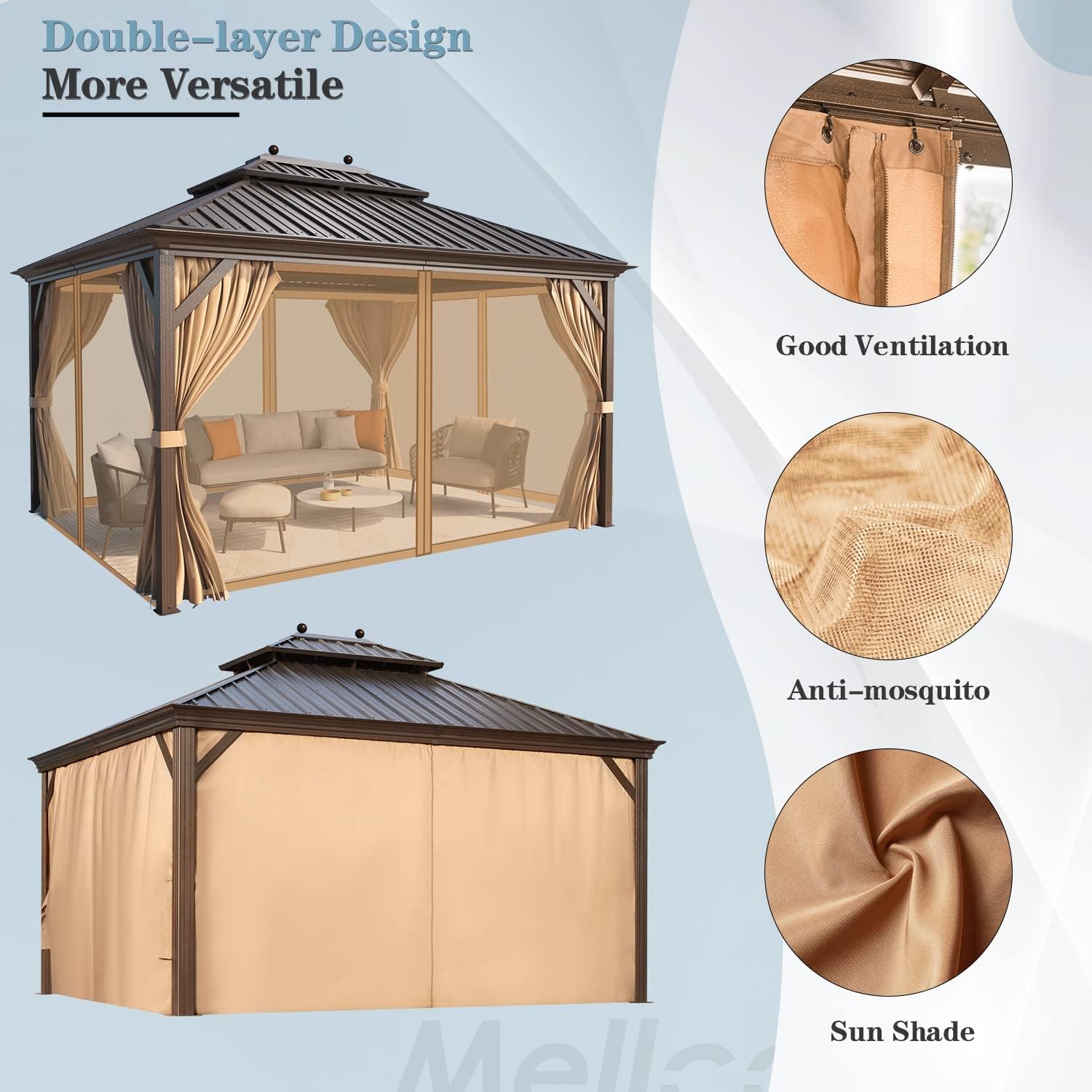 MELLCOM 12' x 14' Hardtop Gazebo, Brown Permanent Pavilion Gazebo with Curtains and Netting, Galvanized Steel Metal Double Roof Aluminum Gazebo with Aluminum Frame for Patios, Gardens, Lawns