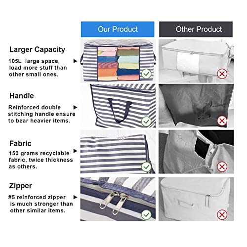 Fajyaz 105L Clothing Storage Bags, Blankets, And Quilts Storage Bags With Zippers(3 Pack)Foldable Organizer With Reinforced Handle,Clear Window