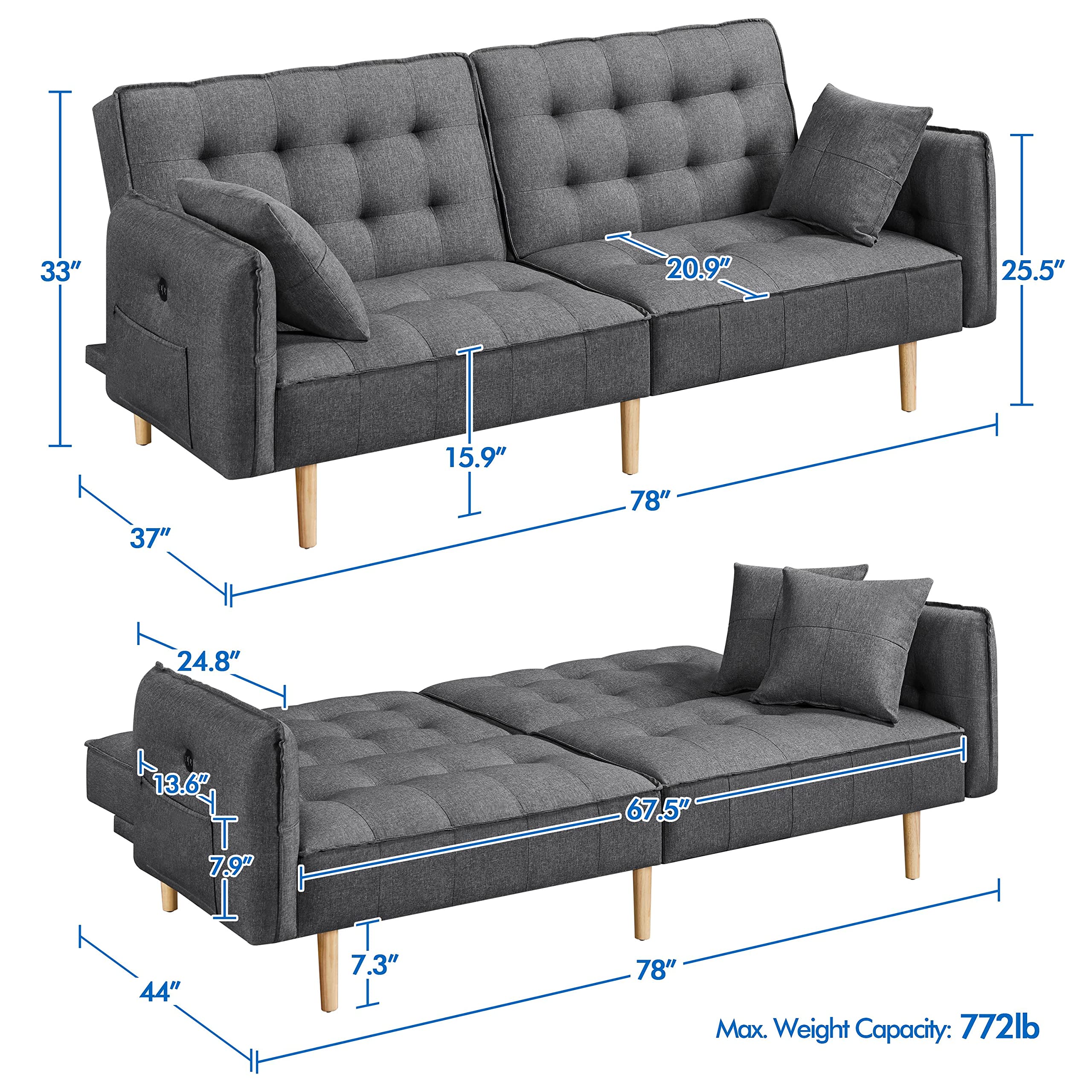 Yaheetech 78” Convertible Sofa Bed with USB Ports Sleeper Couch Futon Daybed Sofa for Living Room Adjustable Loveseat Linen Fabric, Dark Gray
