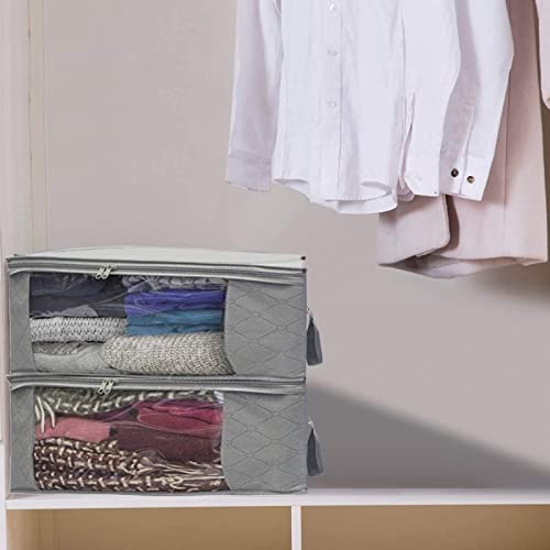 Foldable Storage Bag, Set of 2 Large Foldable Clothes Organizer 49 X 36 X 20 CM, Clear Window and Carry Handles, Great for Comforters,Blankets,Pillow,Bedding,with Sturdy Zipper,Clear Window (Grey)