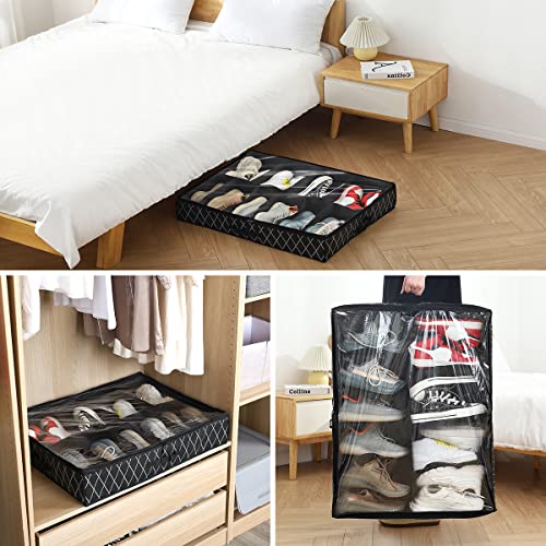 BAYUTE Under Bed Shoe Storage Organizer - 2 Pack Set with Zipper and Handle, Transparent Window, Foldable Non Woven Shoe Organizer (BLACK)