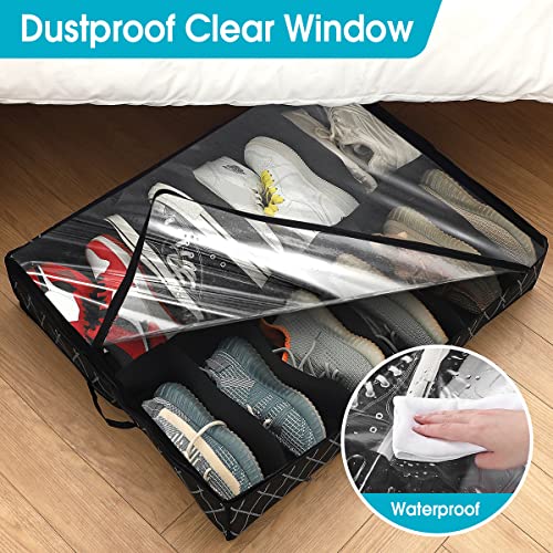 BAYUTE Under Bed Shoe Storage Organizer - 2 Pack Set with Zipper and Handle, Transparent Window, Foldable Non Woven Shoe Organizer (BLACK)