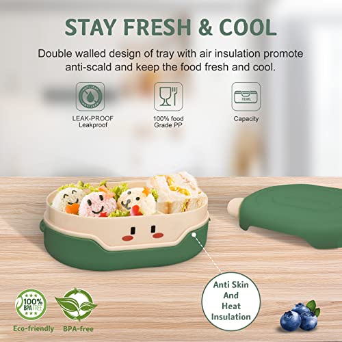 BoofWate Bento Lunch Box, Green, Leakproof, Portable, Microwave Safe, 3-13 Years