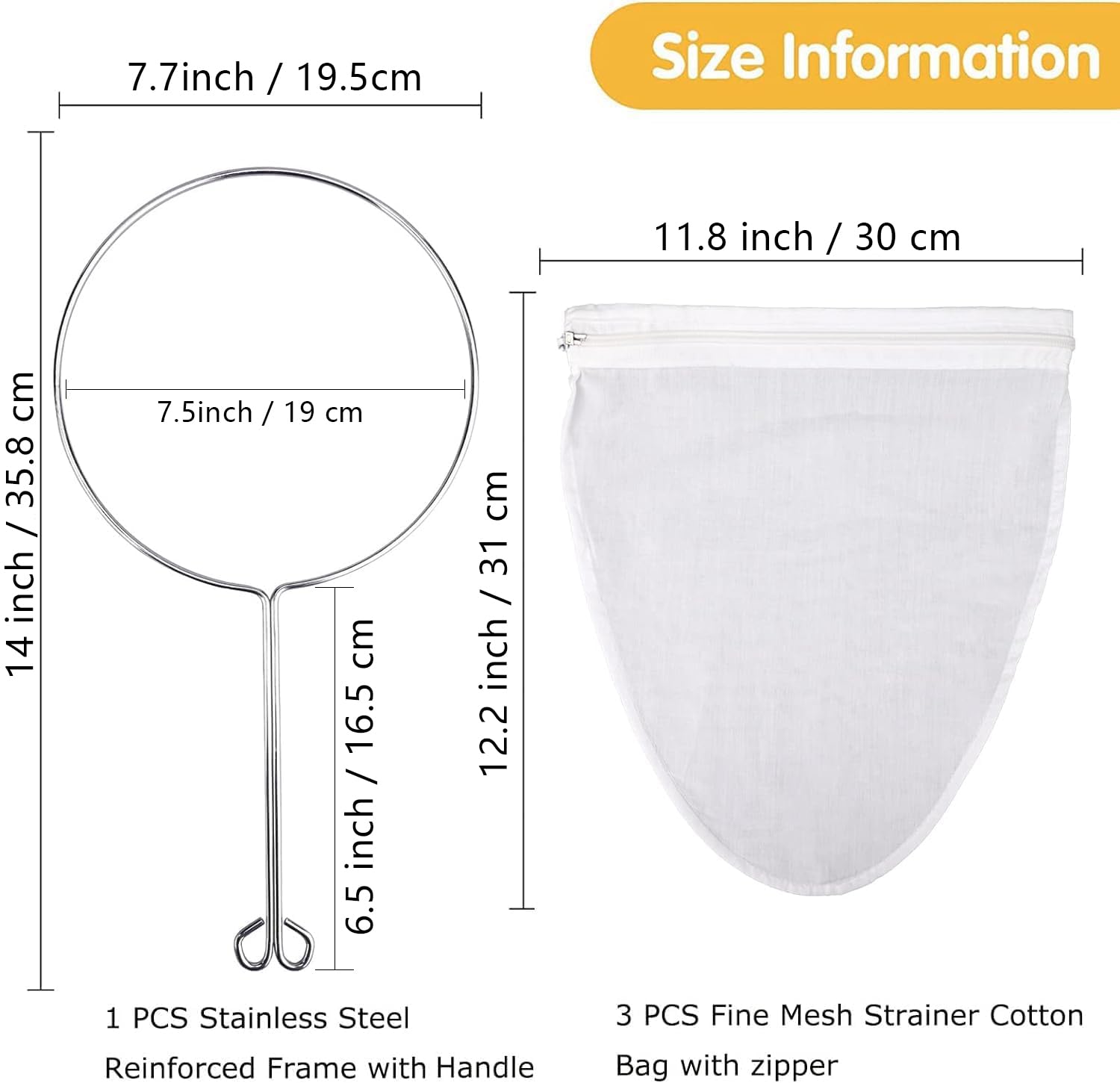 WMKGG Ultra Fine Reusable Filter Bags with Stainless Steel Handle for Nut Milk, Coffee, Milk, Butter, Juices and Fresh Cheese