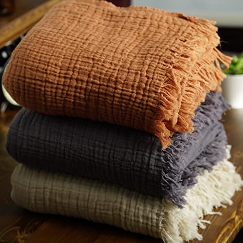 Peshtemania Premium Gauze Muslin Terracotta Throw Blanket for Adults 4-Layers Tassel Farmhouse 100% Cotton Summer Throw Blanket for Bed Couch Sofa, Ultra Soft & Lightweight |40"x70"|