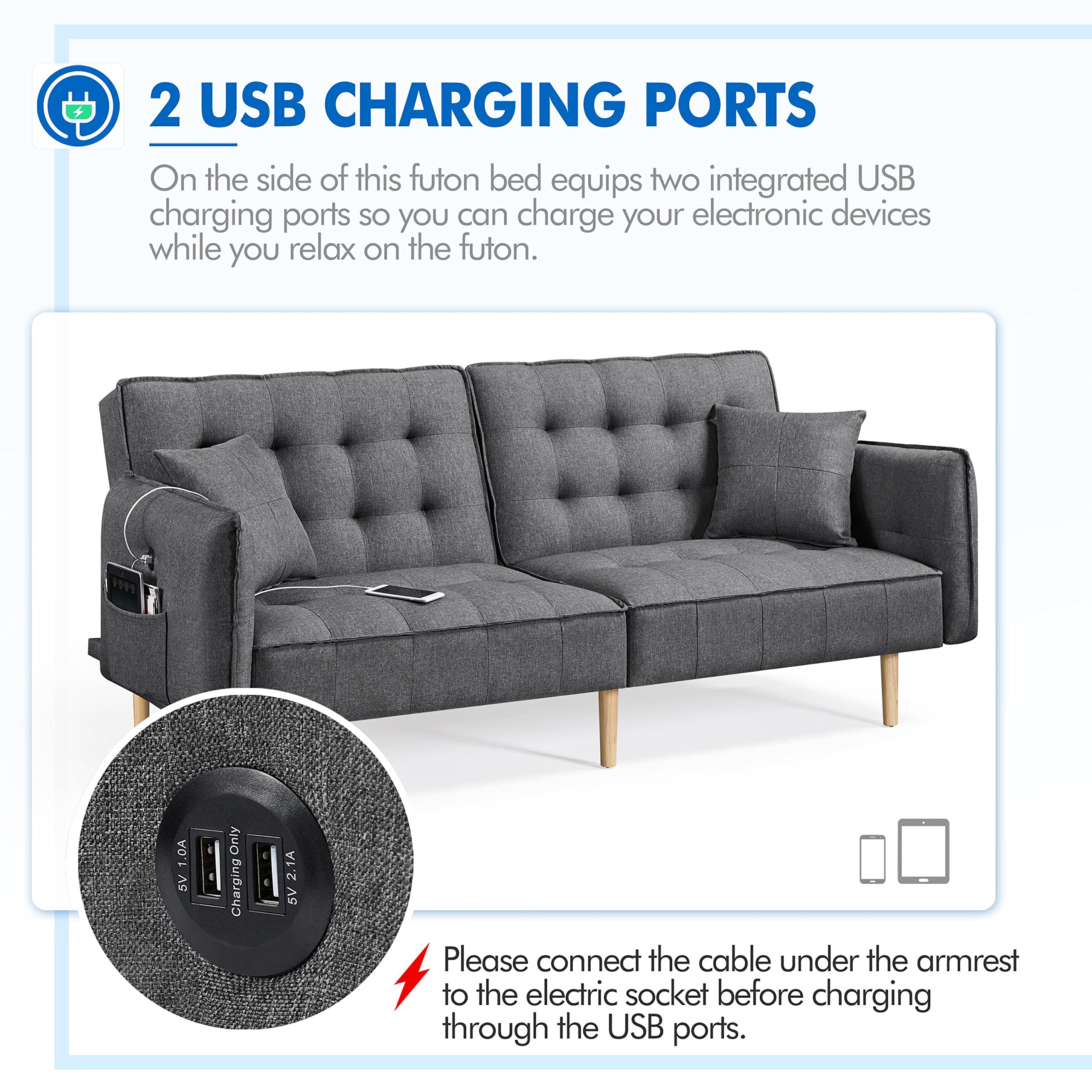 Yaheetech 78” Convertible Sofa Bed with USB Ports Sleeper Couch Futon Daybed Sofa for Living Room Adjustable Loveseat Linen Fabric, Dark Gray