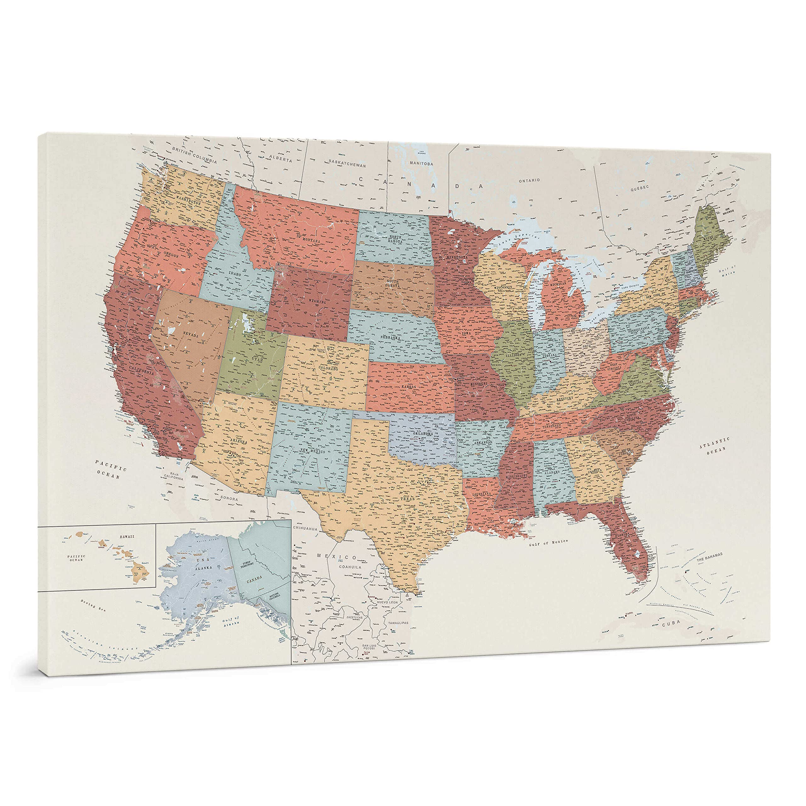 Push Pin USA Map - Detailed Map of United States with Pins - Canvas Pinboard Map - Mark Traveled Places in America - Personalizable (Large (47,2x31,5 in / 120x80 cm), Colorful)