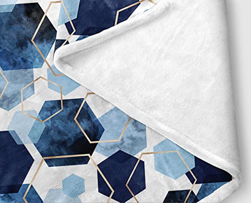 Blue Grey Modern Geometric Throw Blanket, Watercolor Deep Blue Navy and Gold Foil Outline Polygons Abstract Fleece Blanket, Mid Century Soft Plush Blanket, 50X60IN