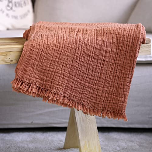 Peshtemania Premium Gauze Muslin Terracotta Throw Blanket for Adults 4-Layers Tassel Farmhouse 100% Cotton Summer Throw Blanket for Bed Couch Sofa, Ultra Soft & Lightweight |40"x70"|