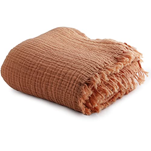 Peshtemania Premium Gauze Muslin Terracotta Throw Blanket for Adults 4-Layers Tassel Farmhouse 100% Cotton Summer Throw Blanket for Bed Couch Sofa, Ultra Soft & Lightweight |40"x70"|