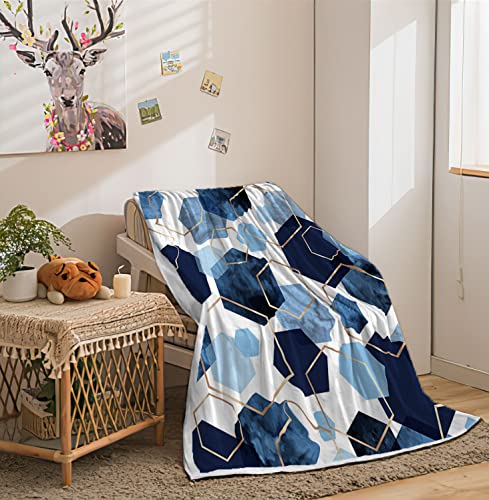Blue Grey Modern Geometric Throw Blanket, Watercolor Deep Blue Navy and Gold Foil Outline Polygons Abstract Fleece Blanket, Mid Century Soft Plush Blanket, 50X60IN