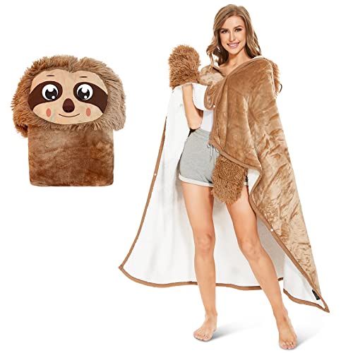 THREE POODLE Sloth Wearable Hooded Blanket Sloth Gifts for Adults Women Kids, Warm and Cozy Wearable Sloth Blanket Hoodie, Premium Sloth Bedding Sloth Throws