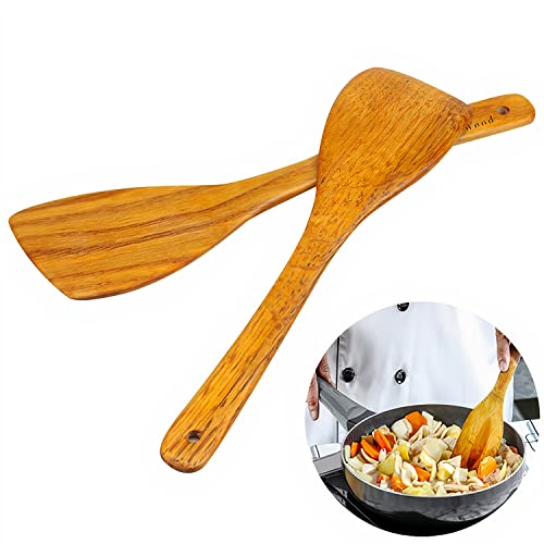 Wooden Spatula for Cooking - 12 Inch Premium Utensils Long Handled, Kitchen Spurtle Set Ideal for Pan and Wok - Wood Turner, Corner Spatula, Spoons, Scraper, Frying Pack of 2