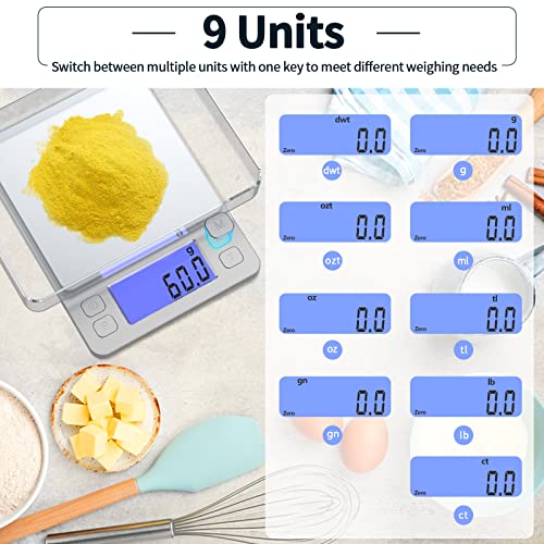 Kitchen Food Scale, 3000g/0.1g High Precision Digital Scale, Used for Cooking, Jewelry, Baking, Tare Function, with 2 Trays, LCD Display
