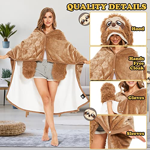 THREE POODLE Sloth Wearable Hooded Blanket Sloth Gifts for Adults Women Kids, Warm and Cozy Wearable Sloth Blanket Hoodie, Premium Sloth Bedding Sloth Throws