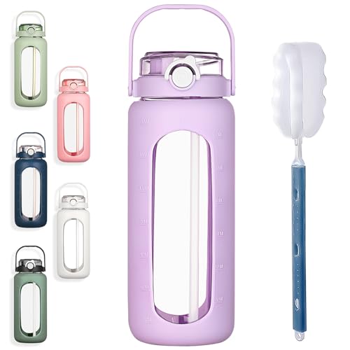 BLUEGO 56oz Glass Water Bottles with Straw Time Marker Half Gallon Large Motivational Water Bottle with Silicone Sleeve 2 Liter Large Glass Water Jug for Gym, Sports&Workout, Daily, Purple