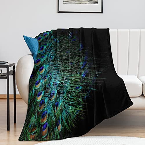 Peacock Feather Flannel Fleece Throw Blankets 50"X40" Lightweight Fluffy Winter Fall Blanket Cozy Soft Fuzzy Plush Home Decor for Couch Bed Sofa Bedroom Living Room Travel