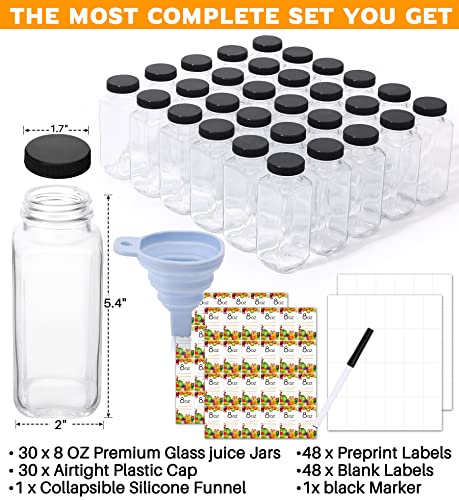 MIUKAA 30-Pack 8 oz Clear Glass Bottles with Airtight Caps, Reusable 8 oz Juicing Bottles with Black Lids, Drink Water Container Jars, Dishwash Safe